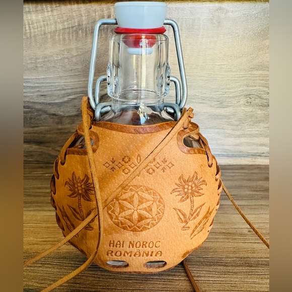 Vintage | Accents | Vintage Romanian Leatherwrapped Glass Bottle Hai ...